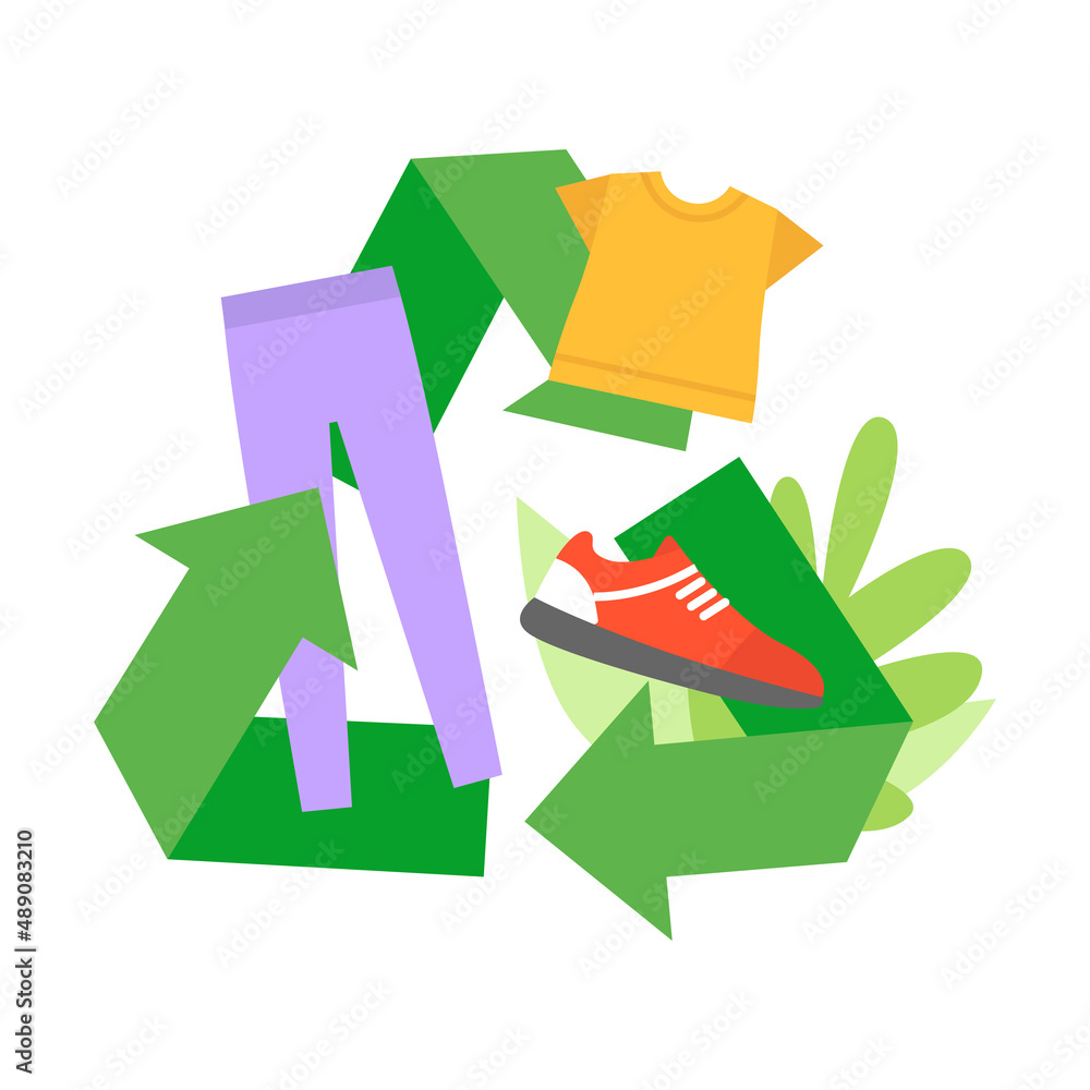 Clothing recycling concept. A large green recycling sign with clothes ...