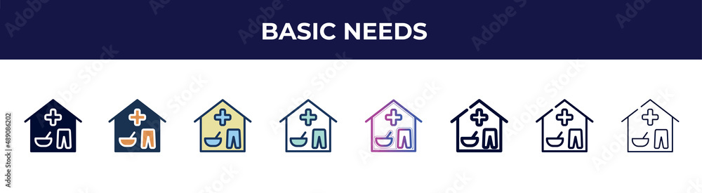 basic needs icon in 8 styles. line, filled, glyph, thin outline ...