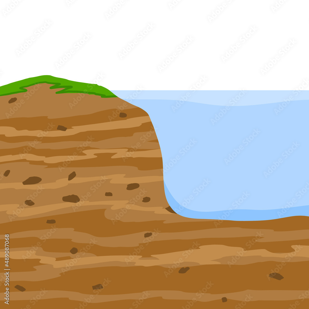 Water shore. Land in cross section. Coast of pond and bottom of lake ...