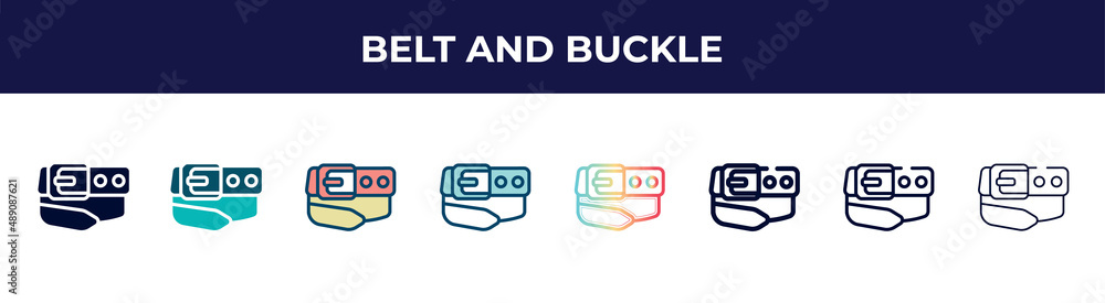 belt and buckle icon in 8 styles. line, filled, glyph, thin outline ...