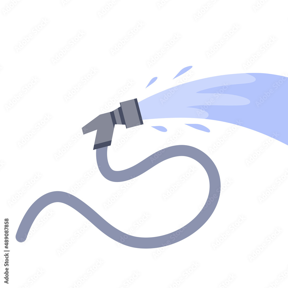Hose. Jet of water. Fire fighting and watering of lawn. Grey tube. Flat ...