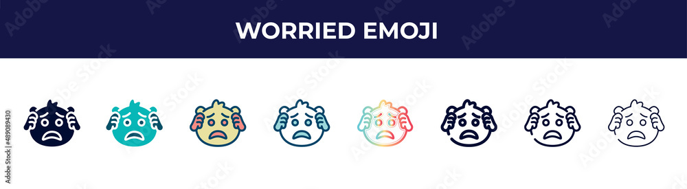 worried emoji icon in 8 styles. line, filled, glyph, thin outline ...