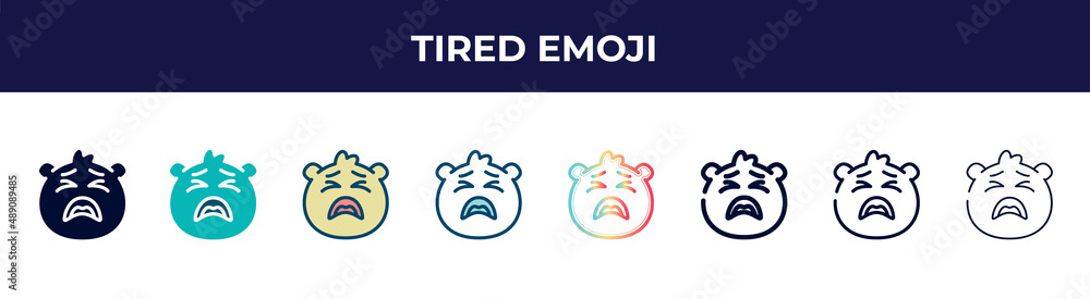 tired emoji icon in 8 styles. line, filled, glyph, thin outline ...