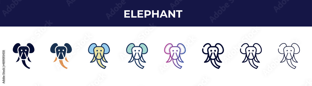 elephant icon in 8 styles. line, filled, glyph, thin outline, colorful ...