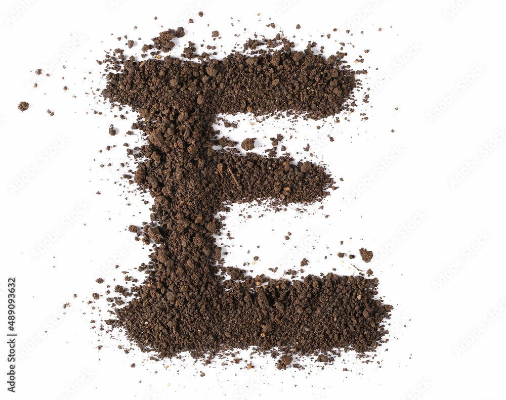 Dirt, alphabet letter E, soil isolated on white, clipping path Stock ...