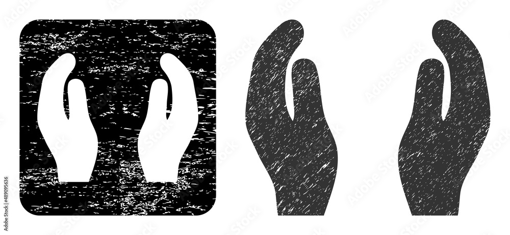 Vector care hands carved icon. Grunge care hands seal, done with icon ...