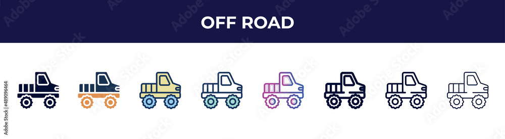 off road icon in 8 styles. line, filled, glyph, thin outline, colorful ...