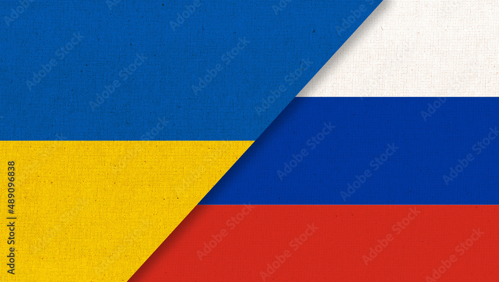 Flags of Ukraine and Russia. Fabric texture. National symbol Stock ...