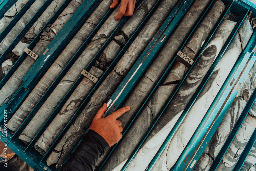 Geological gold core samples with team of mining workers measuring ...