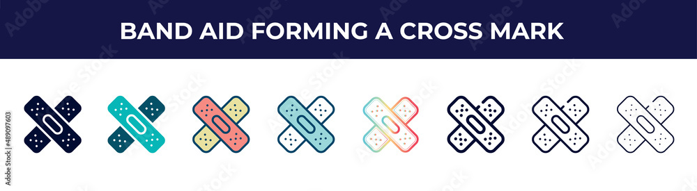 band aid forming a cross mark icon in 8 styles. line, filled, glyph ...