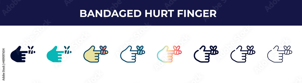 bandaged hurt finger icon in 8 styles. line, filled, glyph, thin ...