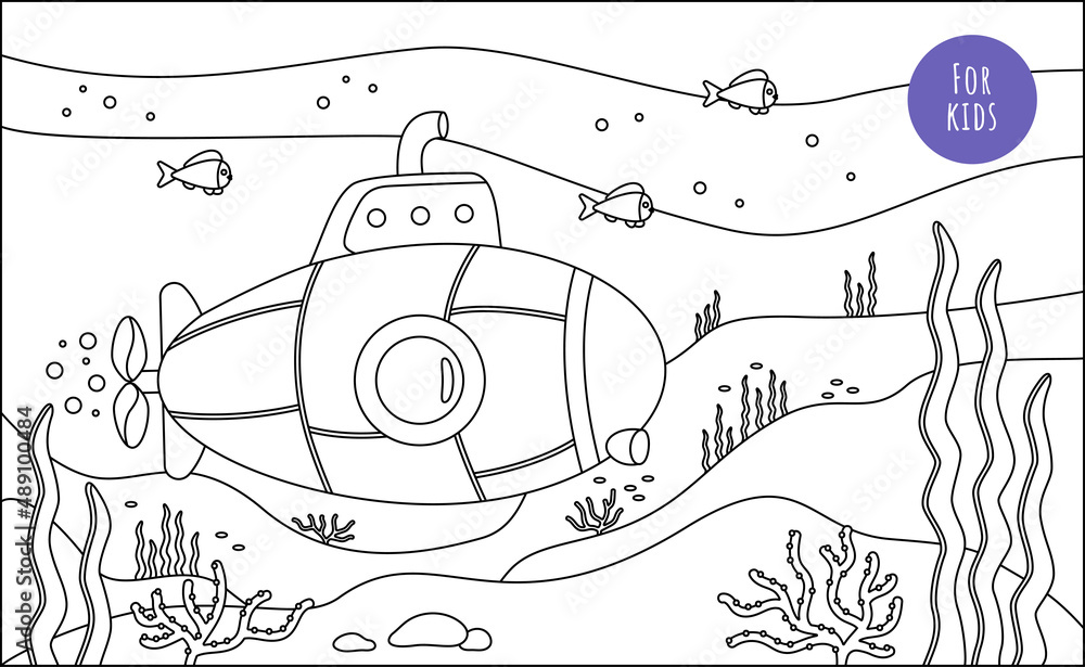 Coloring page for childrens and adults. A submarine with a periscope ...
