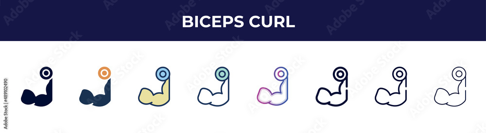 biceps curl icon in 8 styles. line, filled, glyph, thin outline ...