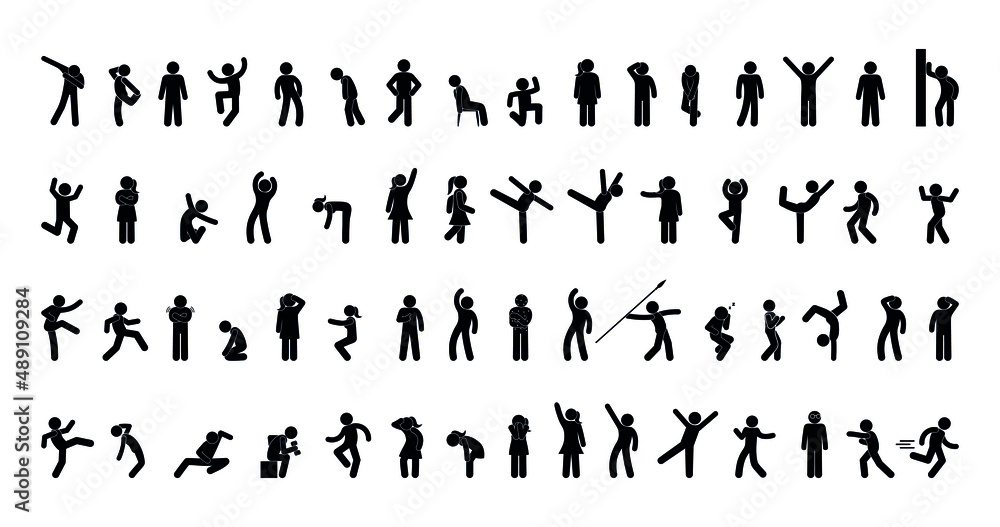 large set of stickman, various human poses and gestures, men and women ...