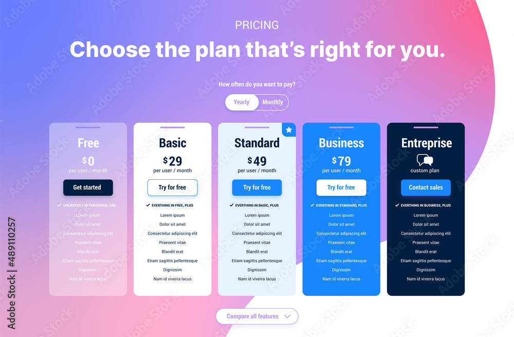 Pricing table template web page interface vector. Website pricing plans ...