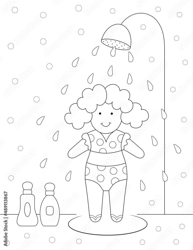 coloring page for kids of a cute little girl taking a shower. cute and ...
