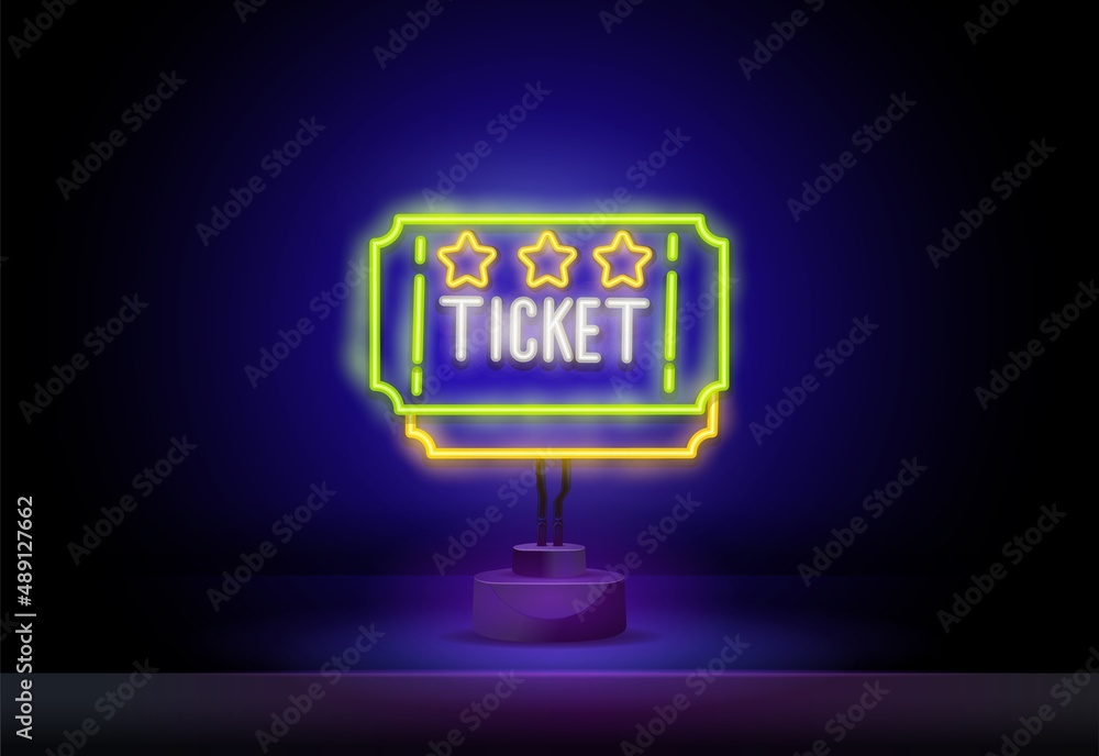 Tickets neon icon. Cards shape with stars and Ticket lettering on dark ...