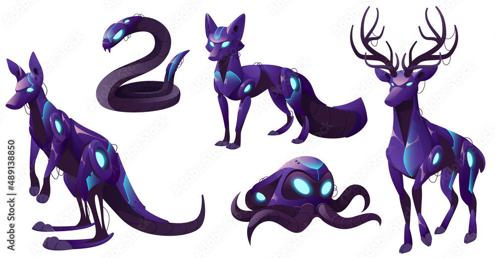 Animal robots, cyborgs kangaroo, snake, fox, octopus and deer. Cartoon ...