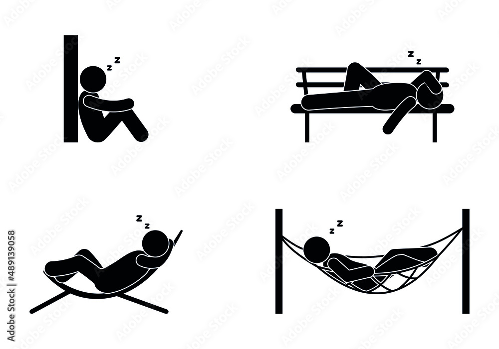 Sleeping Outdoors Icon Stick Figure Man Sleep Isolated Pictograms