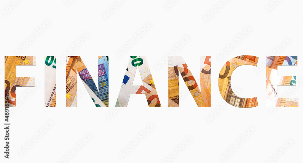 word FINANCE from euro banknotes on white background, money texture ...