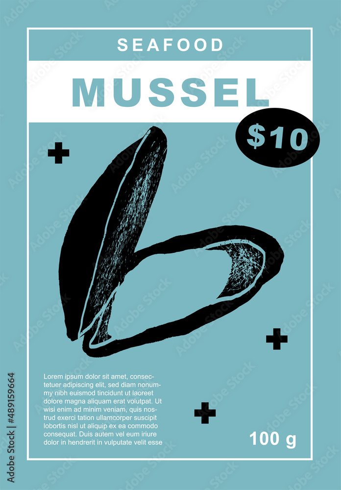 Mussel. Set of posters of fishes and seafood in a abstract draw design ...