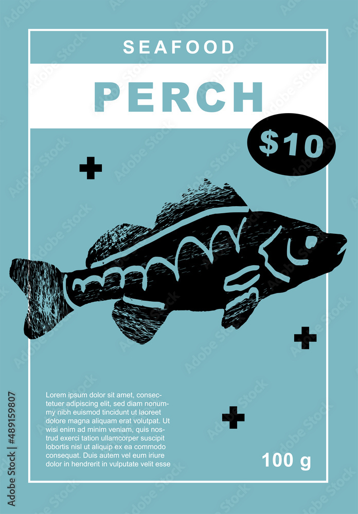 Perch. Set of posters of fishes and seafood in a abstract draw design ...