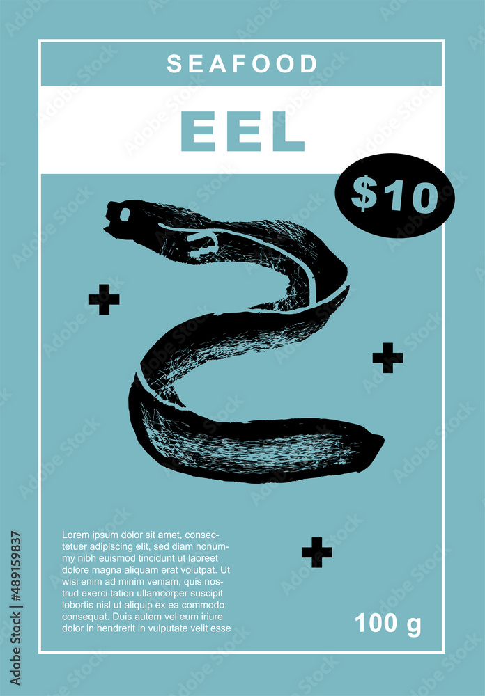 Eel. Set of posters of fishes and seafood in a abstract draw design ...