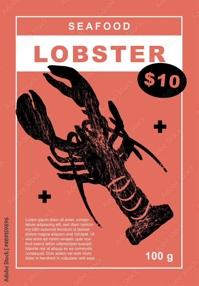 Lobster. Set of posters of fishes and seafood in a abstract draw design ...