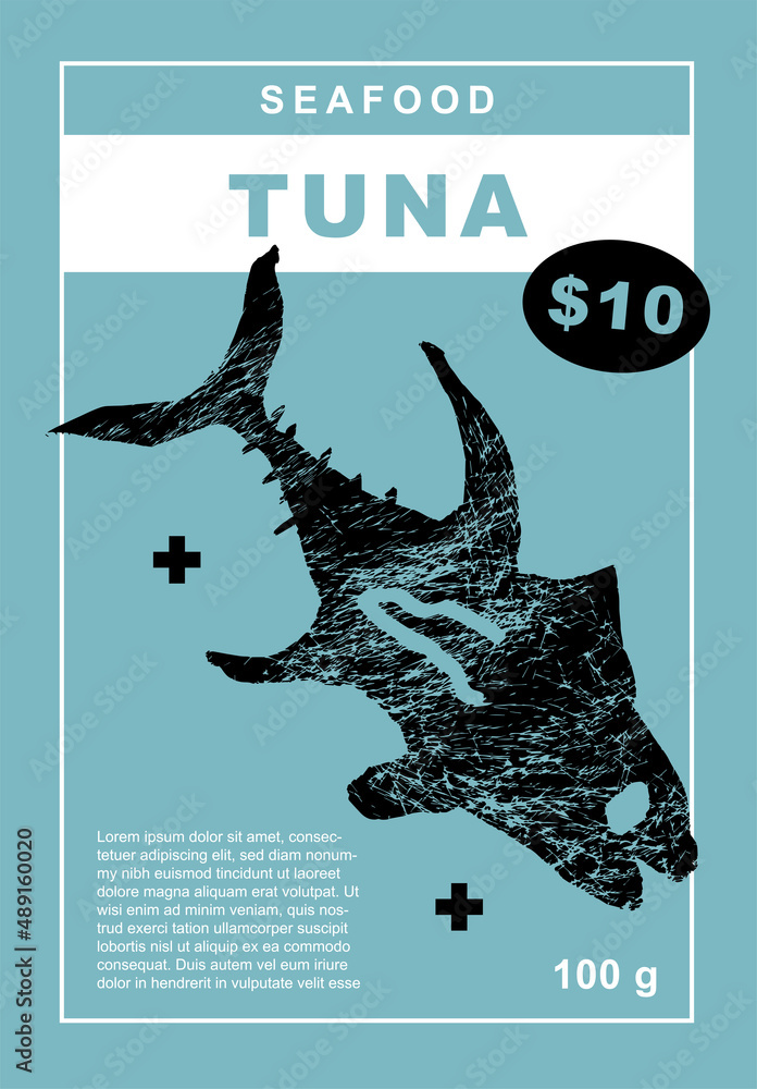 Tuna. Set of posters of fishes and seafood in a abstract draw design ...
