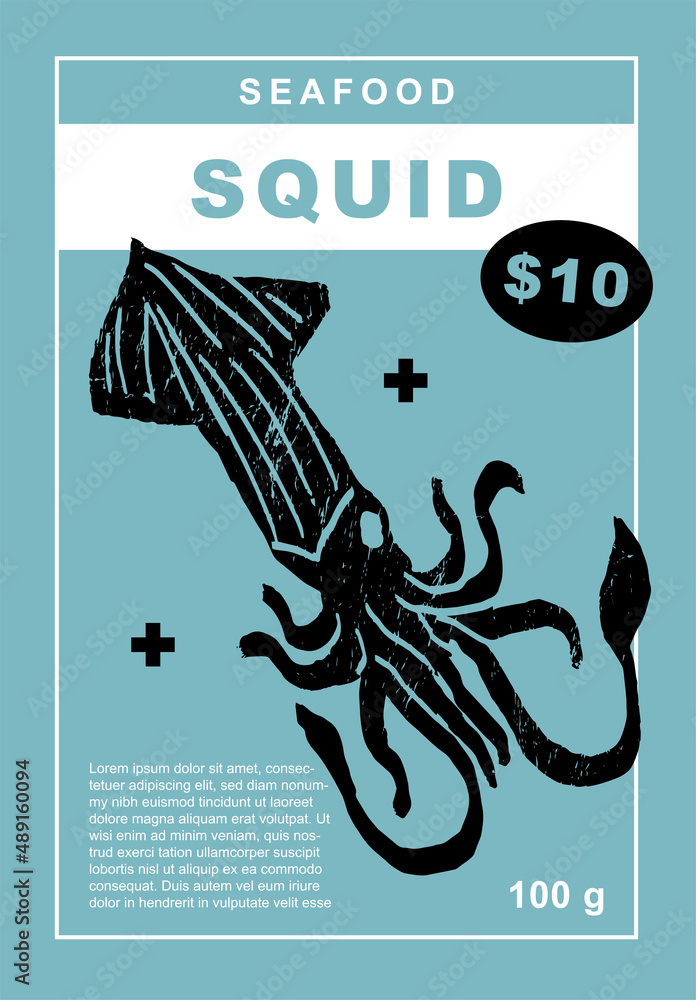 Squid. Set of posters of fishes and seafood in a abstract draw design ...
