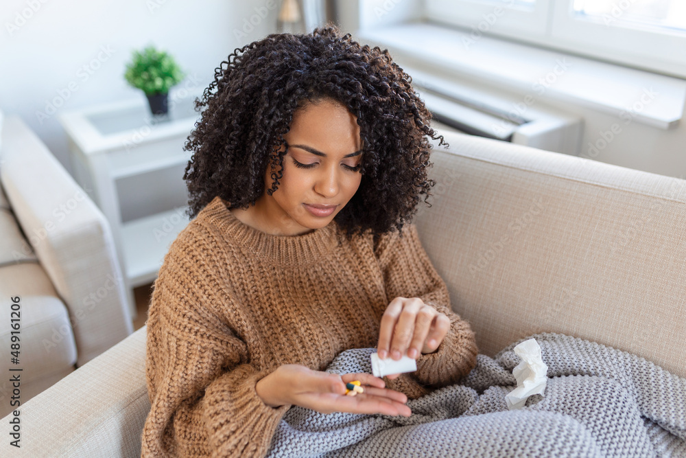 Millennial ill sick woman taking painkiller medicine to relieve ...