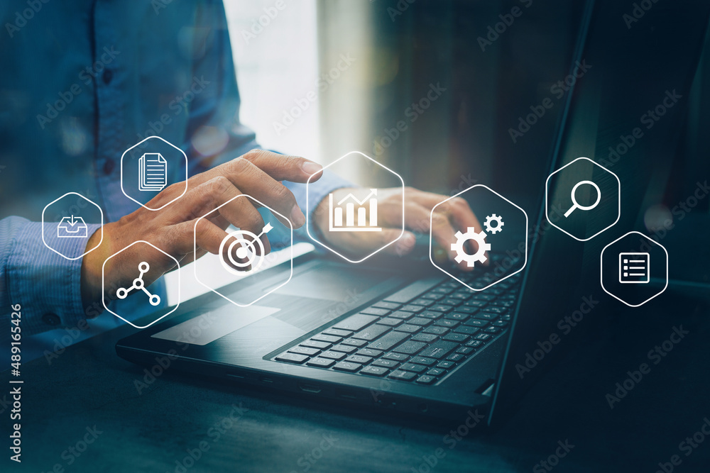 Businessman working with laptop, business analytics concept with ...
