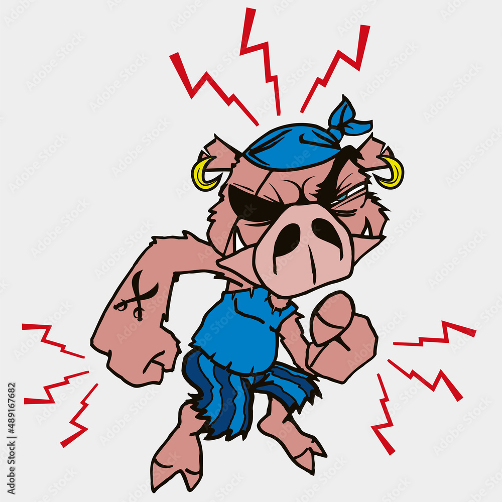 Pig with a pirate outfit and a tattoo clenching his fist. Mascot of a ...