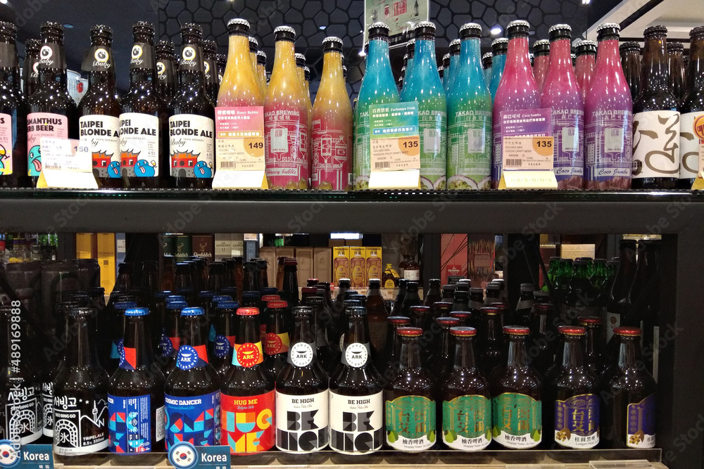 TAIPEI, TAIWAN - JUNE 26, 2018 : Various brands imported beer display ...