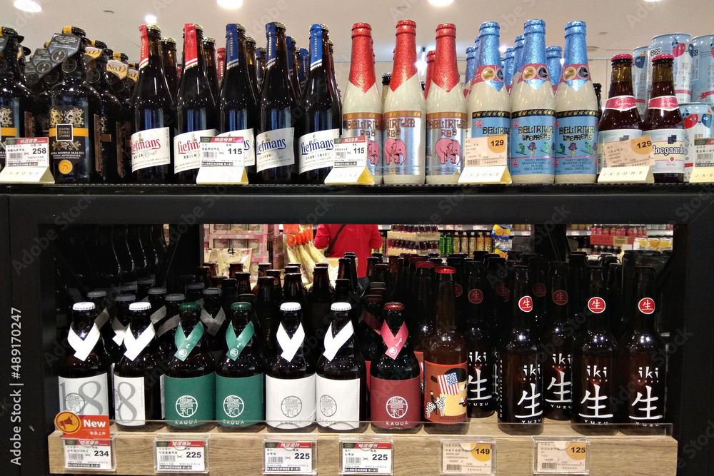 TAIPEI, TAIWAN - JUNE 26, 2018 : Various brands imported beer display ...