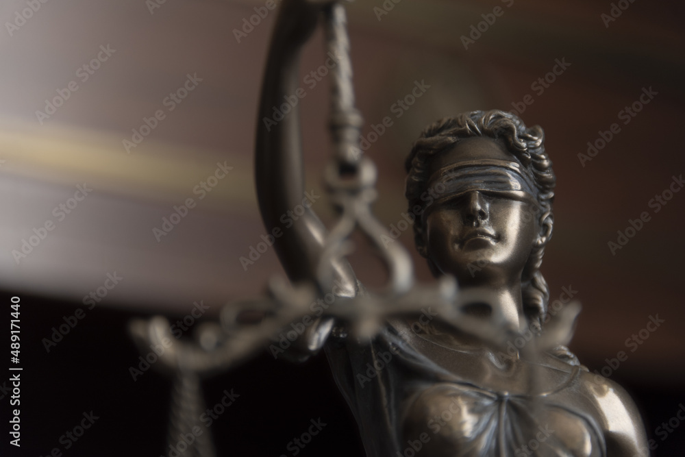 Law and judgment concept. Figure of Lady Justice in notary office close ...