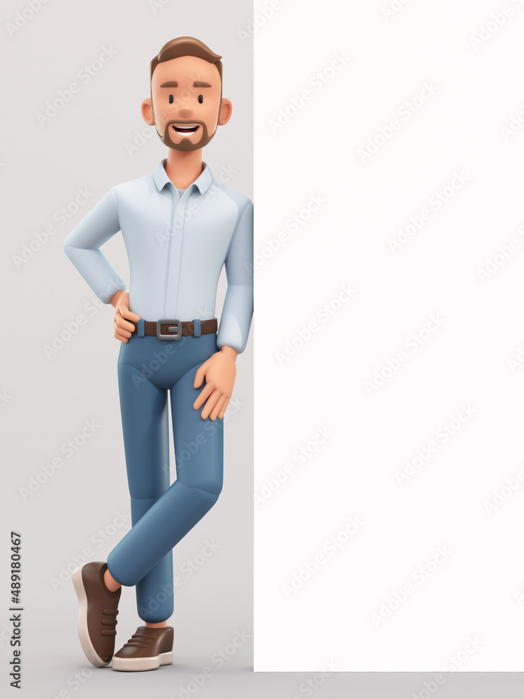 Cartoon man leaning on a blank presentation or information board ...
