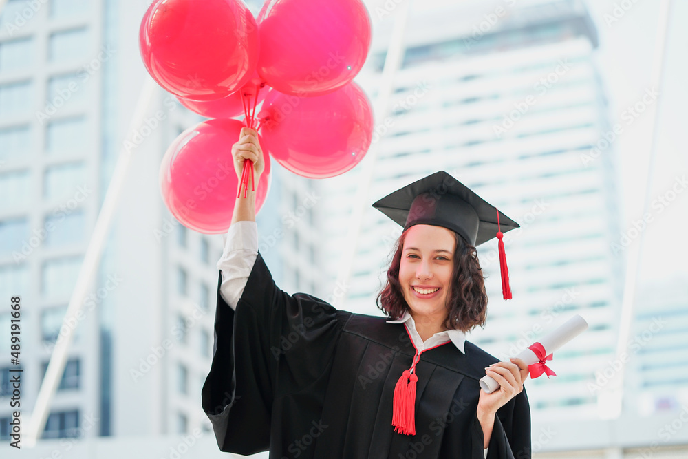 graduation day university woman and family, girl hold diploma and ...