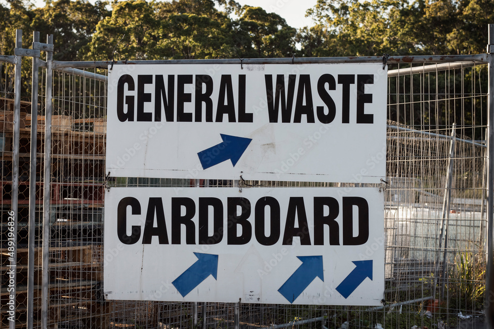 Waste management recycling centre. Dump collection facility. Signage ...