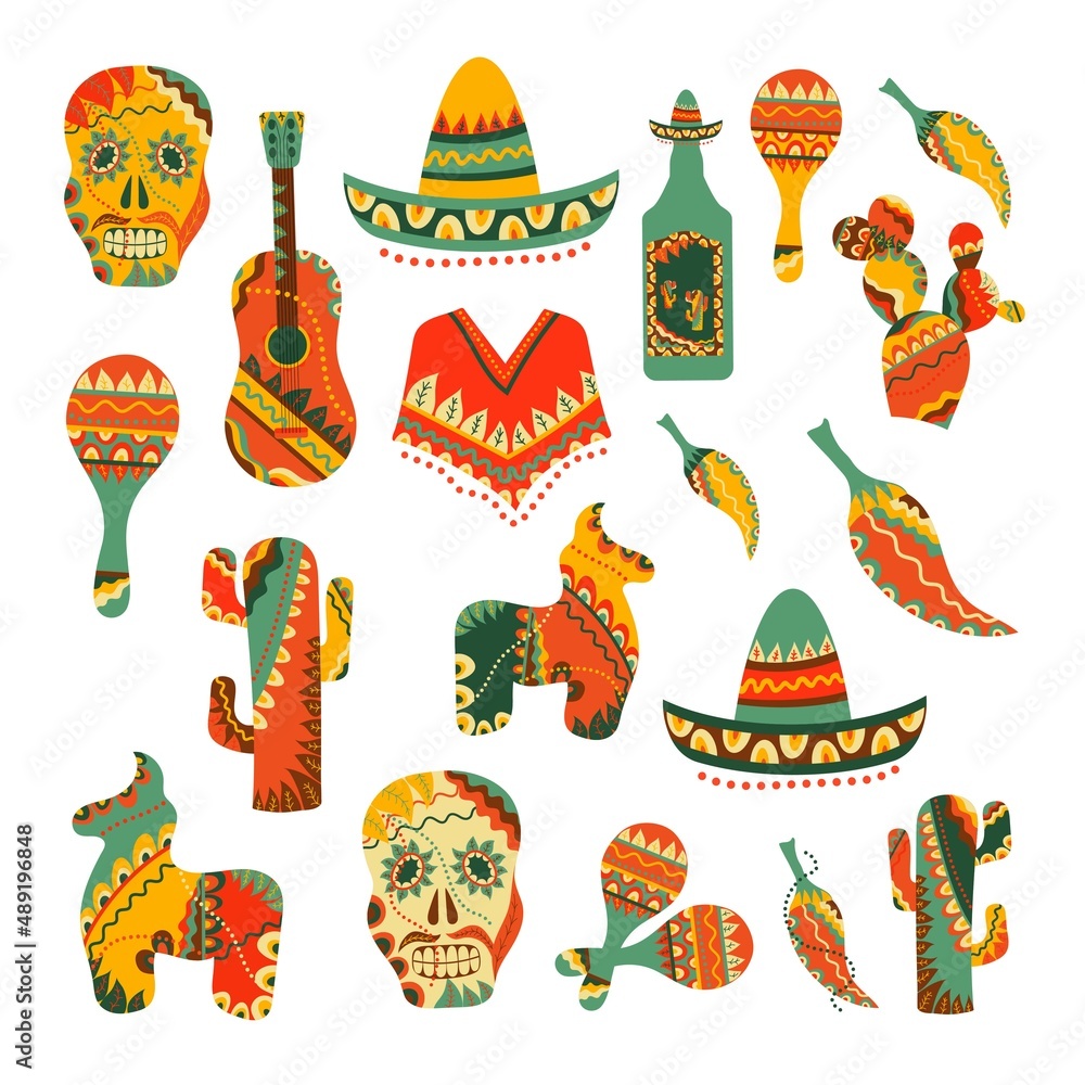 Bright colorful stylish vector illustration about Mexico. Icons set ...
