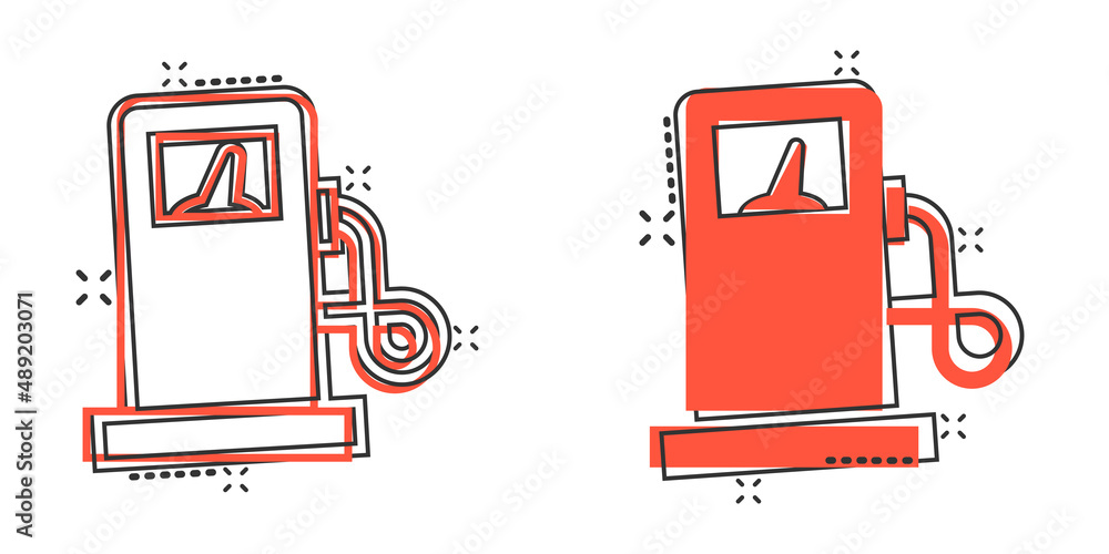 Fuel pump icon in comic style. Gas station cartoon sign vector ...