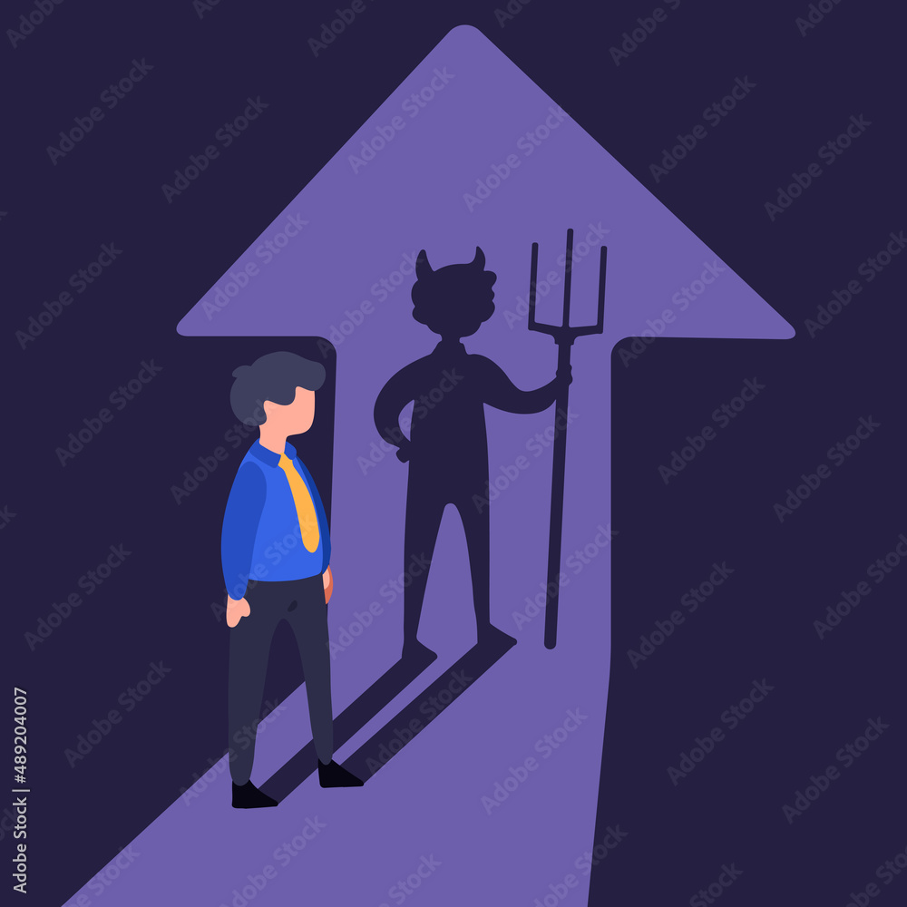 Business flat drawing businessman with devil of shadow. Young evil ...