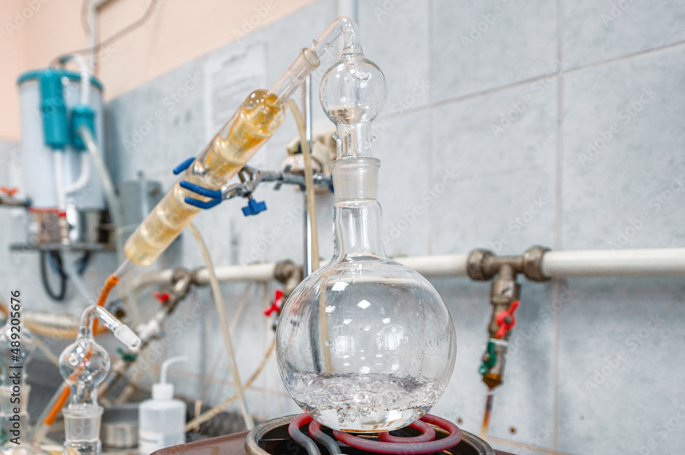Process of alcohol distillation with glassware and heater Stock Photo ...