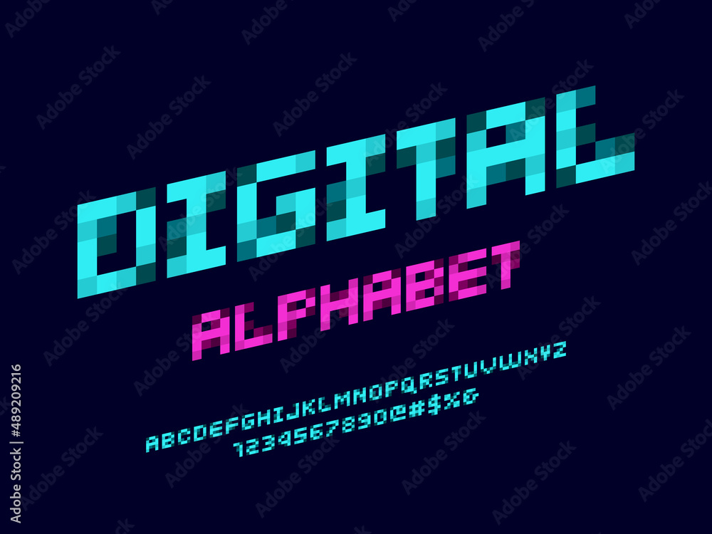 8 bit pixel style alphabet design with uppercase, numbers and symbol ...