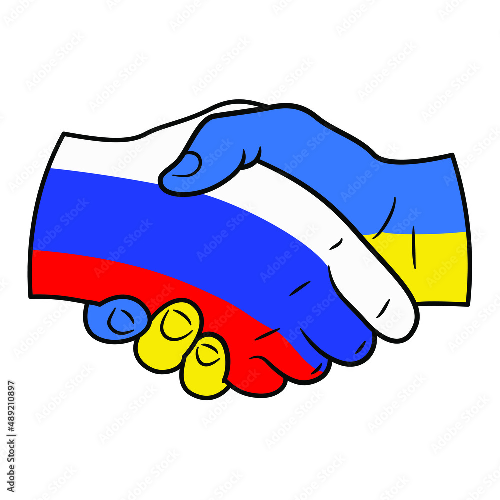 Peaceful handshake logotype. Hands in Russian and Ukrainian flag colors ...