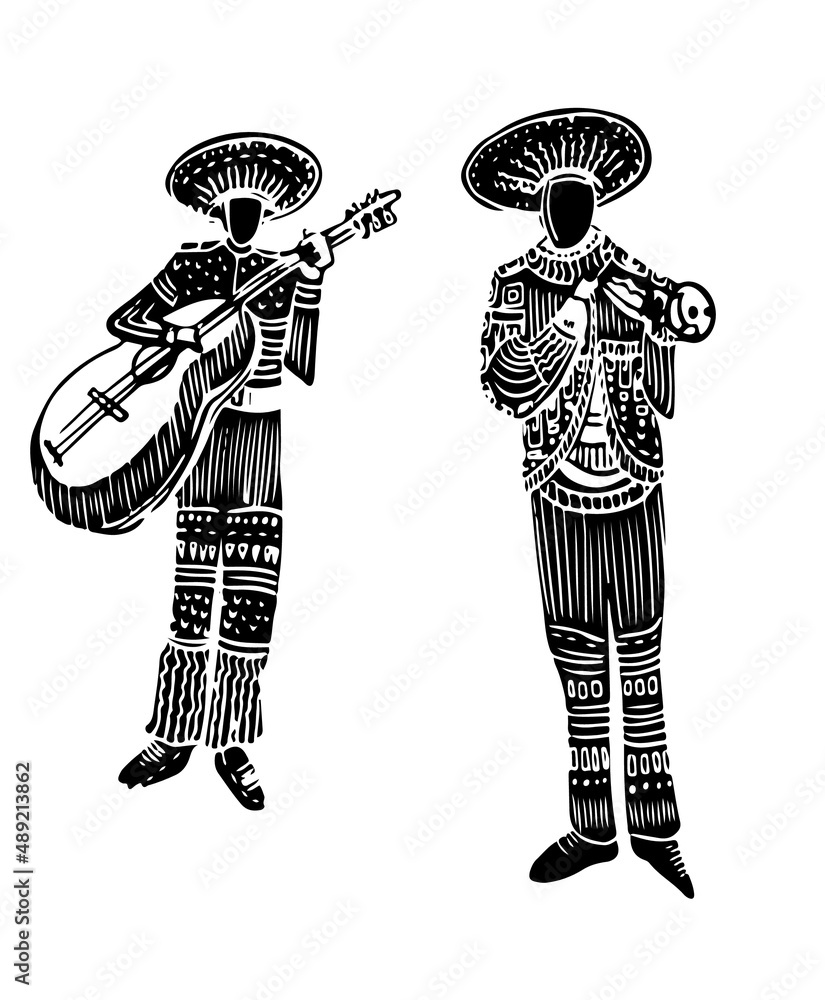 drawing picture of street dressy mexican mariachi musicians playing ...