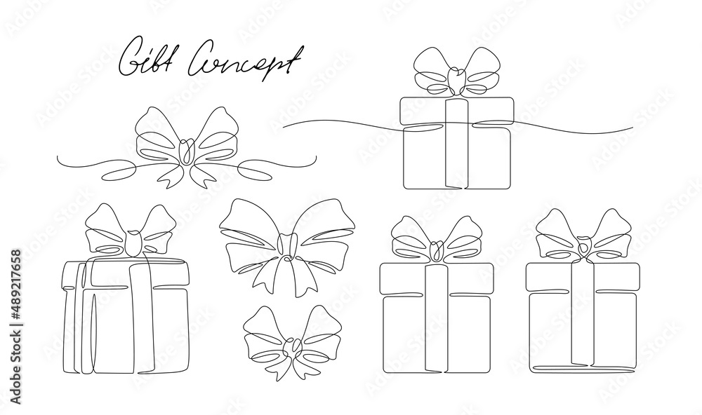 Gift box and bow in continuous line art drawing style. Holiday event ...