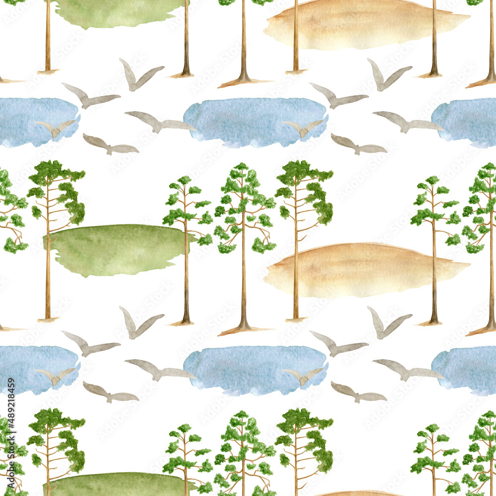 Watercolor landscape seamless pattern. Hand drawn pine trees, lake ...