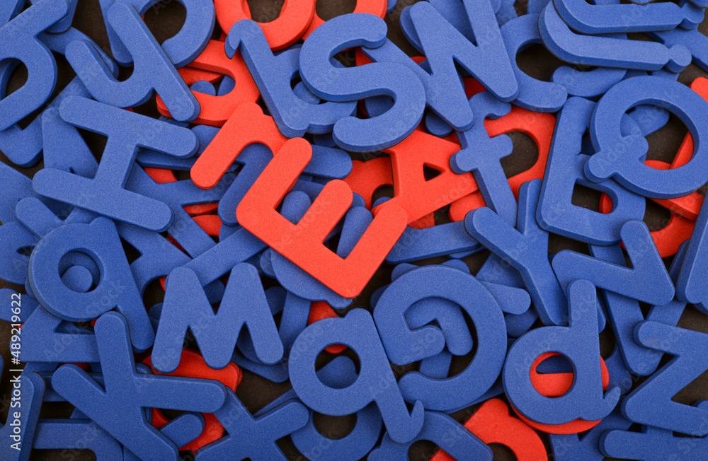 Closeup view of English alphabets in red and blue colors Stock Photo ...