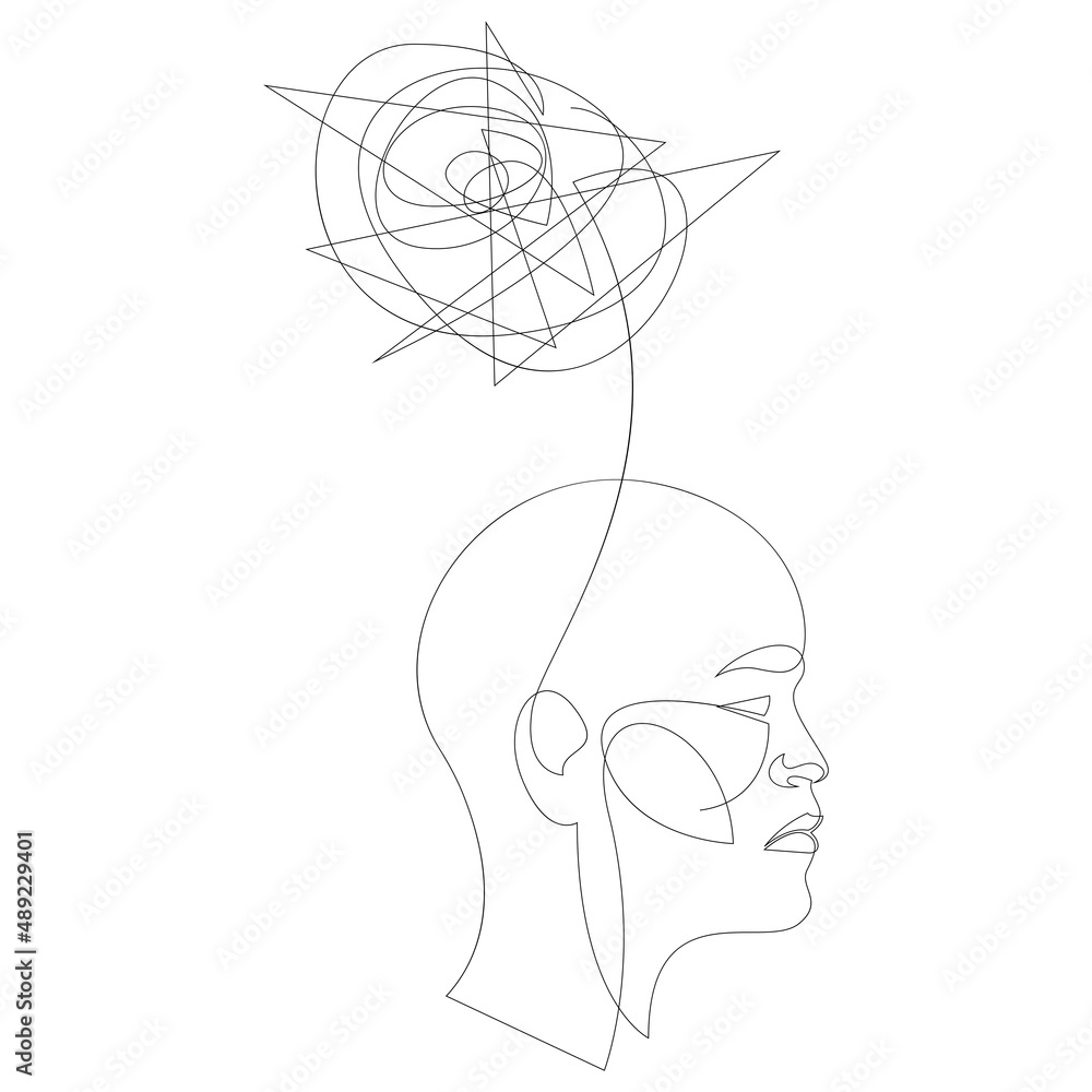 Human head with confusion of thoughts in Continuous one line drawing ...